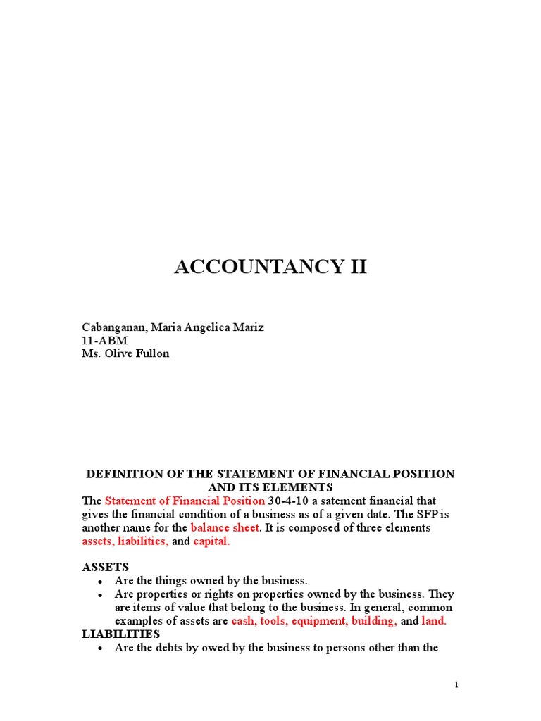 Accountancy Ii: Definition of The Statement of Financial Position and ...