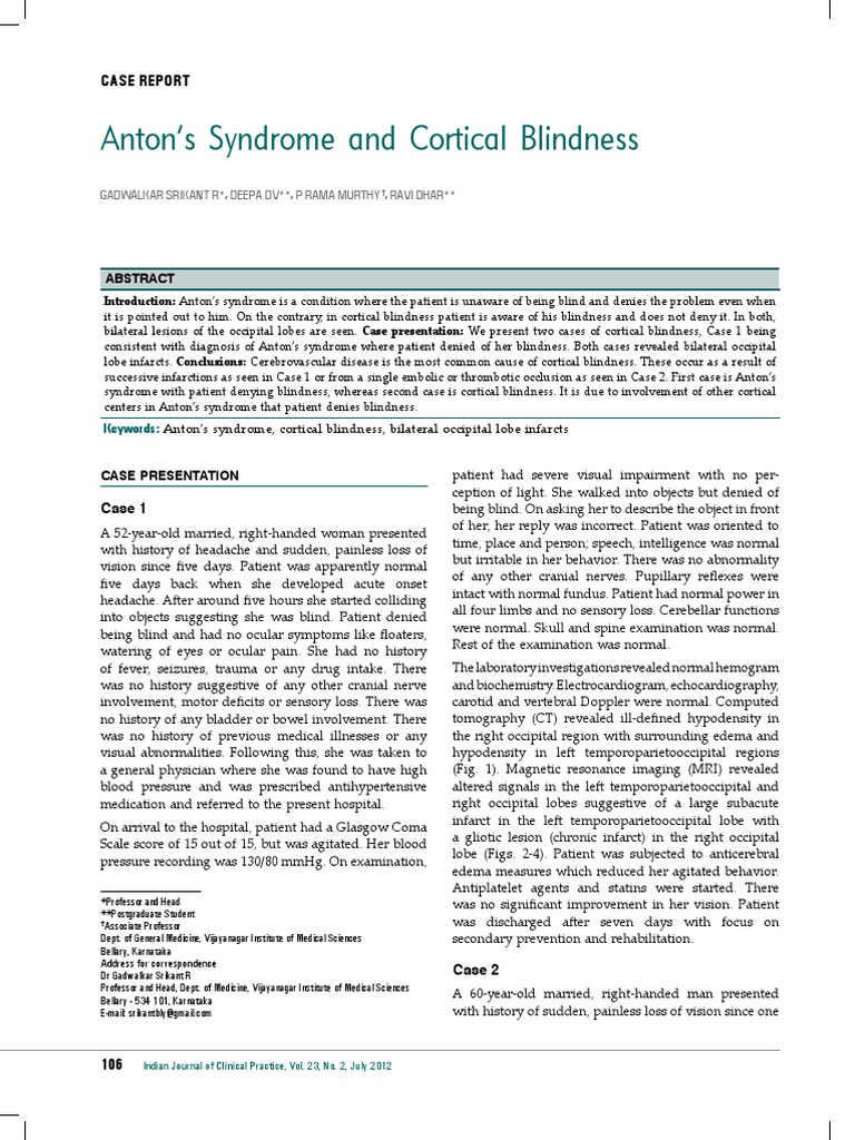 Anton'S Syndrome and Cortical Blindness: Case Report | PDF | Occipital Lobe | Visual Impairment