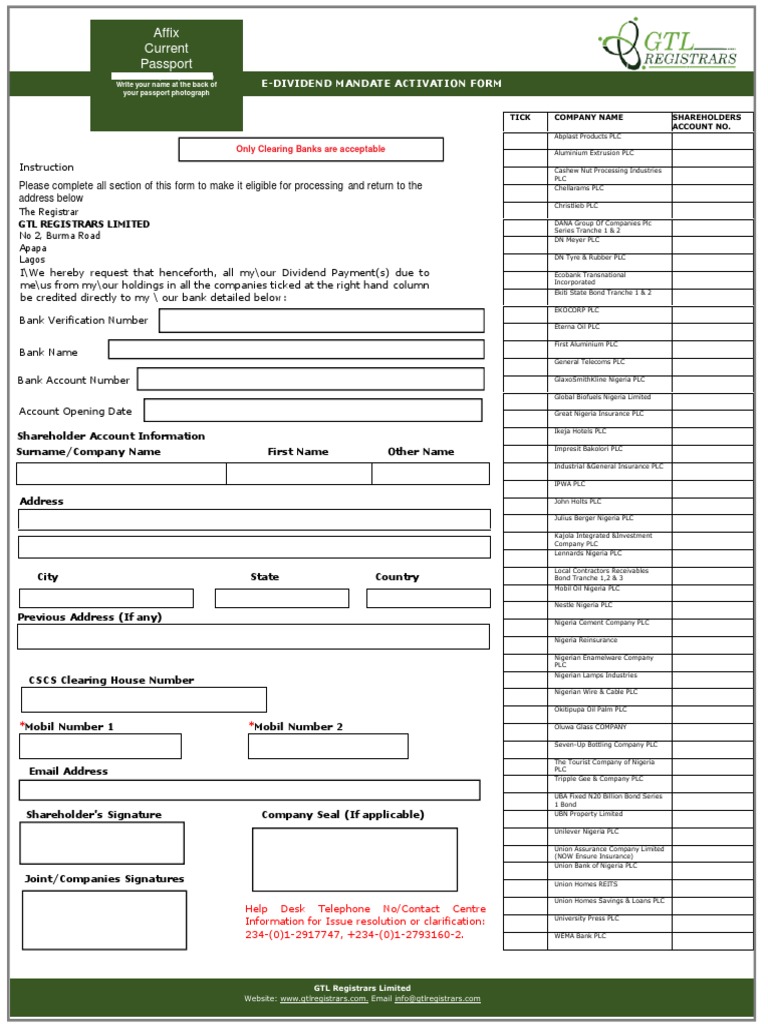 GTL Registrars e Dividend Mandate Form | PDF | Nigeria | Banks