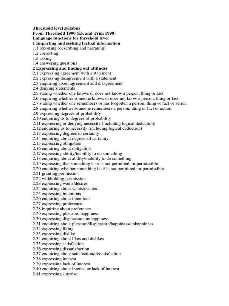 Threshold Level Syllabus From Threshold 1990 (Ek and Trim 1990) Language Functions For Threshold ...