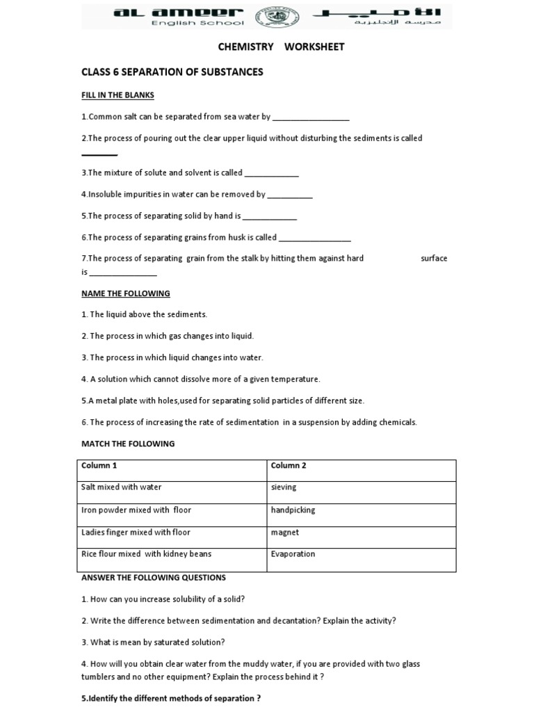 Class 6 Chemistry Worksheet on Separation of Substances | PDF