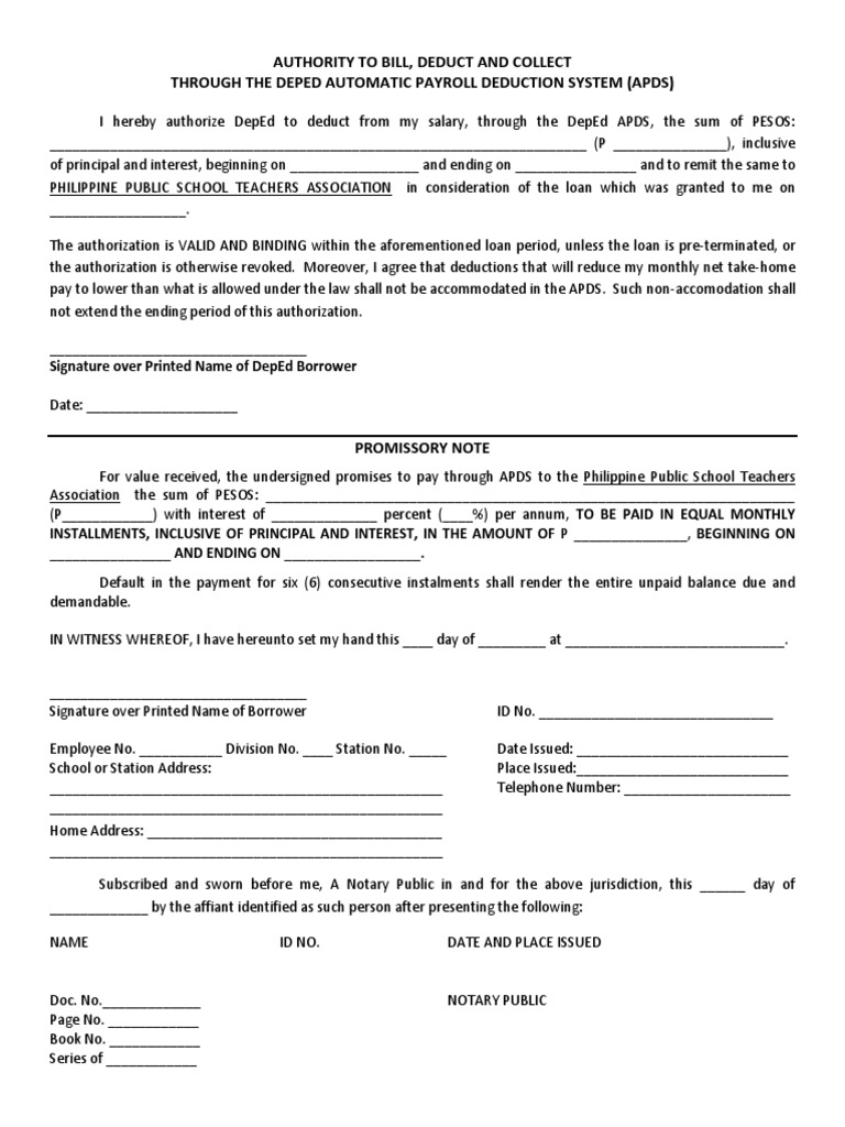 Authority To Bill, Deduct and Collect Through The Deped Automatic Payroll Deduction System (Apds ...