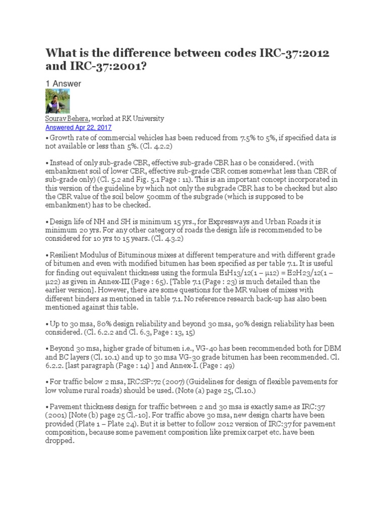 Differences in IRC-37 Codes 2001 vs 2012 | PDF | Road Surface | Asphalt