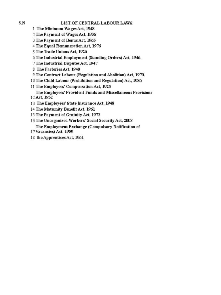 S.N List of Central Labour Laws: The Apprentices Act, 1961 | PDF