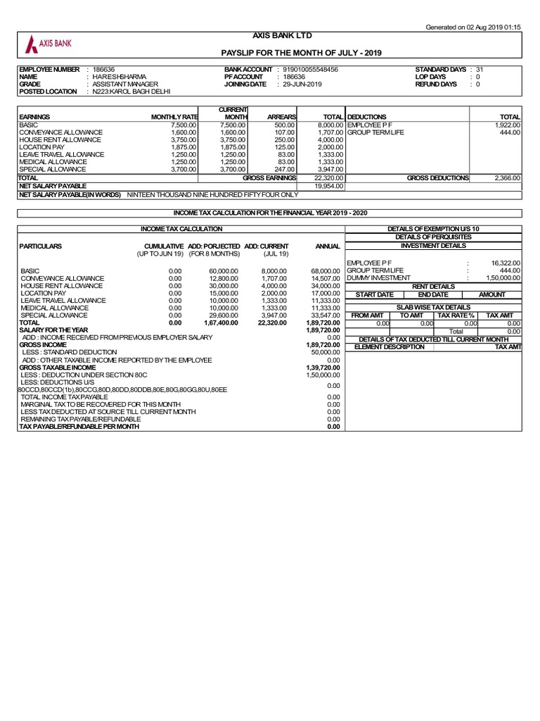 Axis Bank LTD Payslip For The Month of July - 2019 | PDF | Income Tax ...