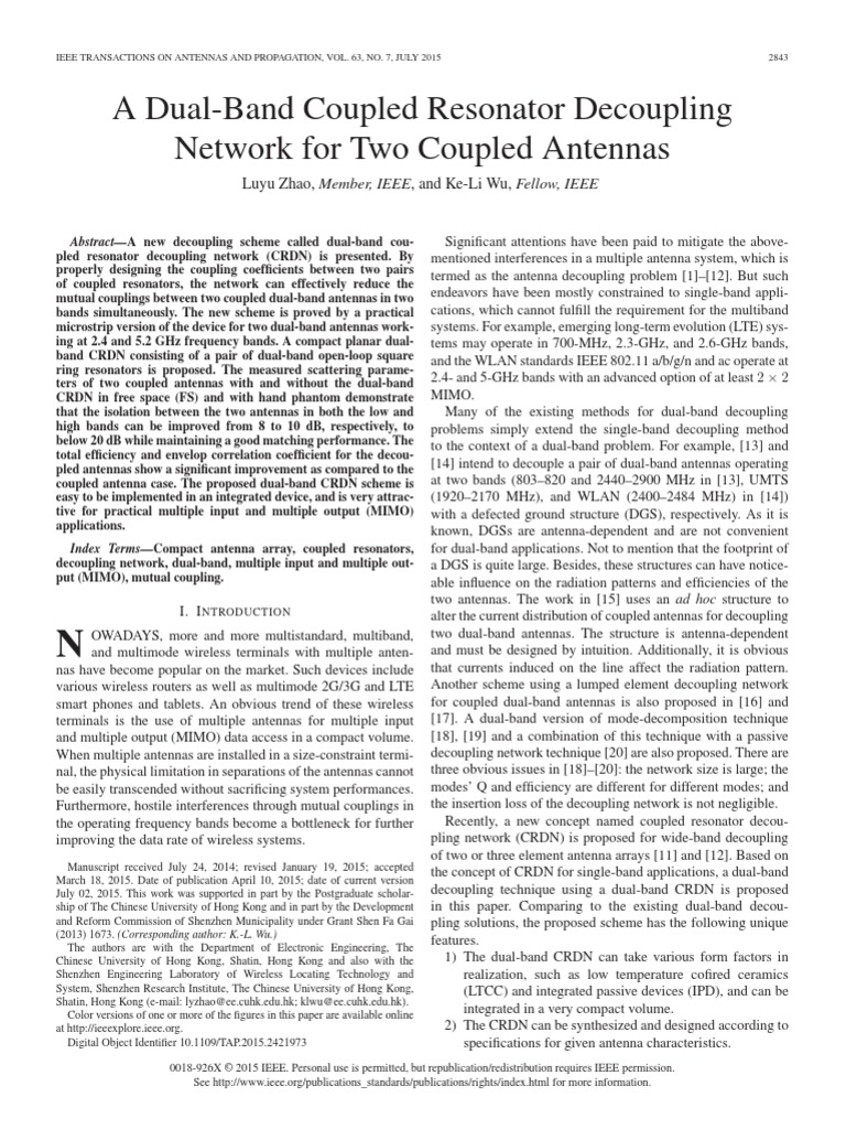 A Dual-Band Coupled Resonator Decoupling Network For Two Coupled Antennas | PDF | Antenna (Radio ...