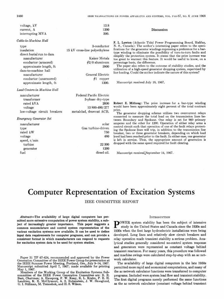 IEEE Report - Computer Representation of Excitation Systems, 1968 | PDF ...