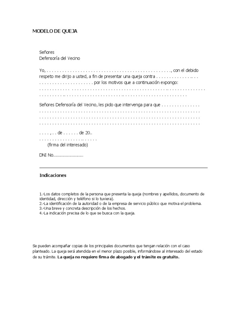 Modelo De Formulario De Queja Formal