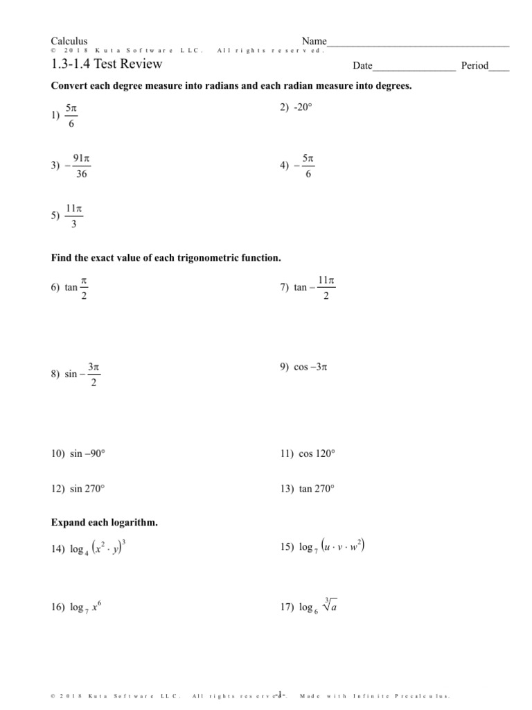 1.3-1.4 Test Review: Convert Each Degree Measure Into Radians and Each ...
