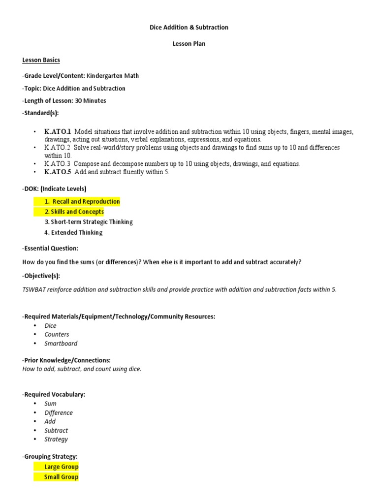 Dice Addition Subtraction Lesson Plan | PDF | Subtraction | Learning
