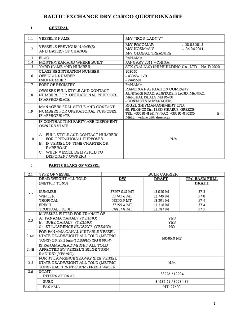 FOrmat of BAltic Questionnaire | PDF | Ships | Panama Canal