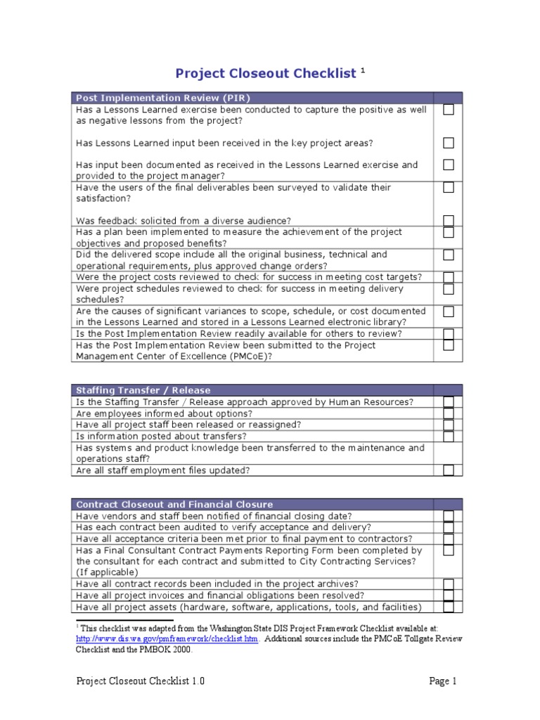 Project Closeout Checklist: Post Implementation Review (PIR) | PDF | Employment | Business