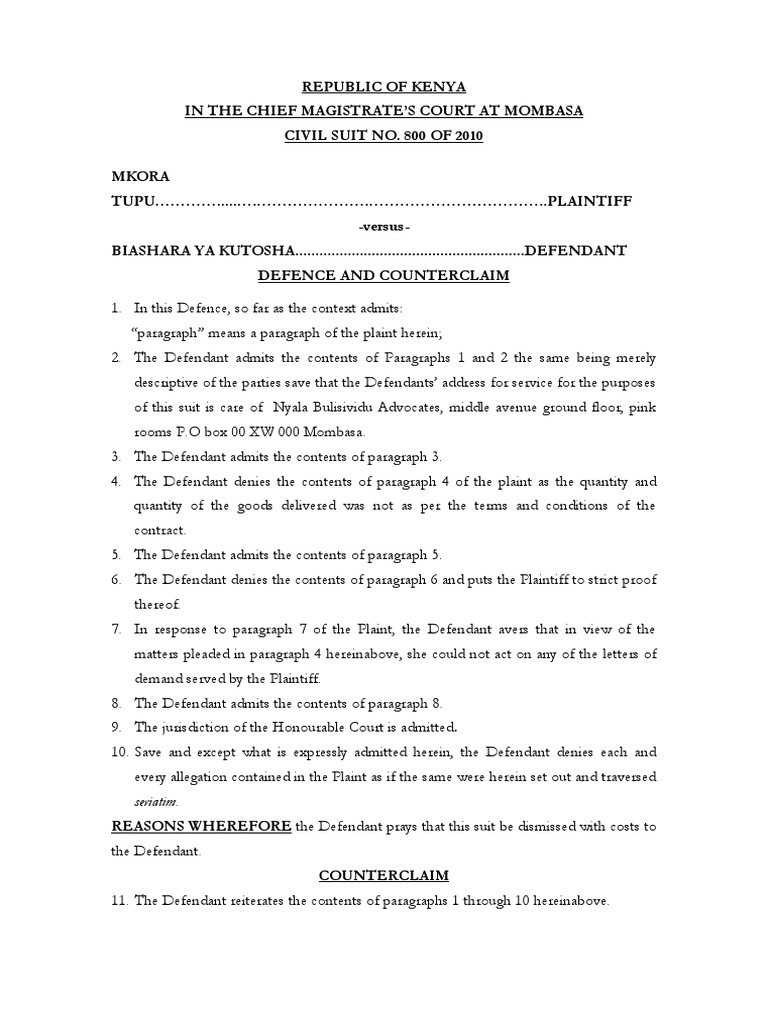 Defence and Counterclaim Template Kenya | PDF | Lawsuit | Social ...