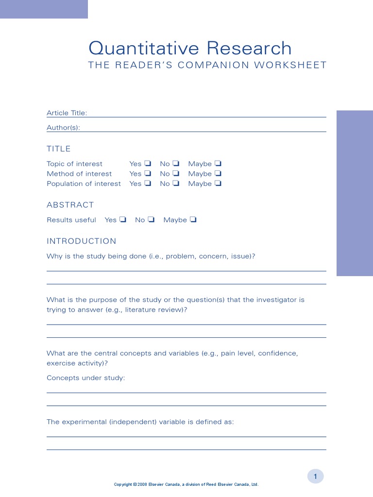Quantitative Research: The Reader'S Companion Worksheet | PDF ...