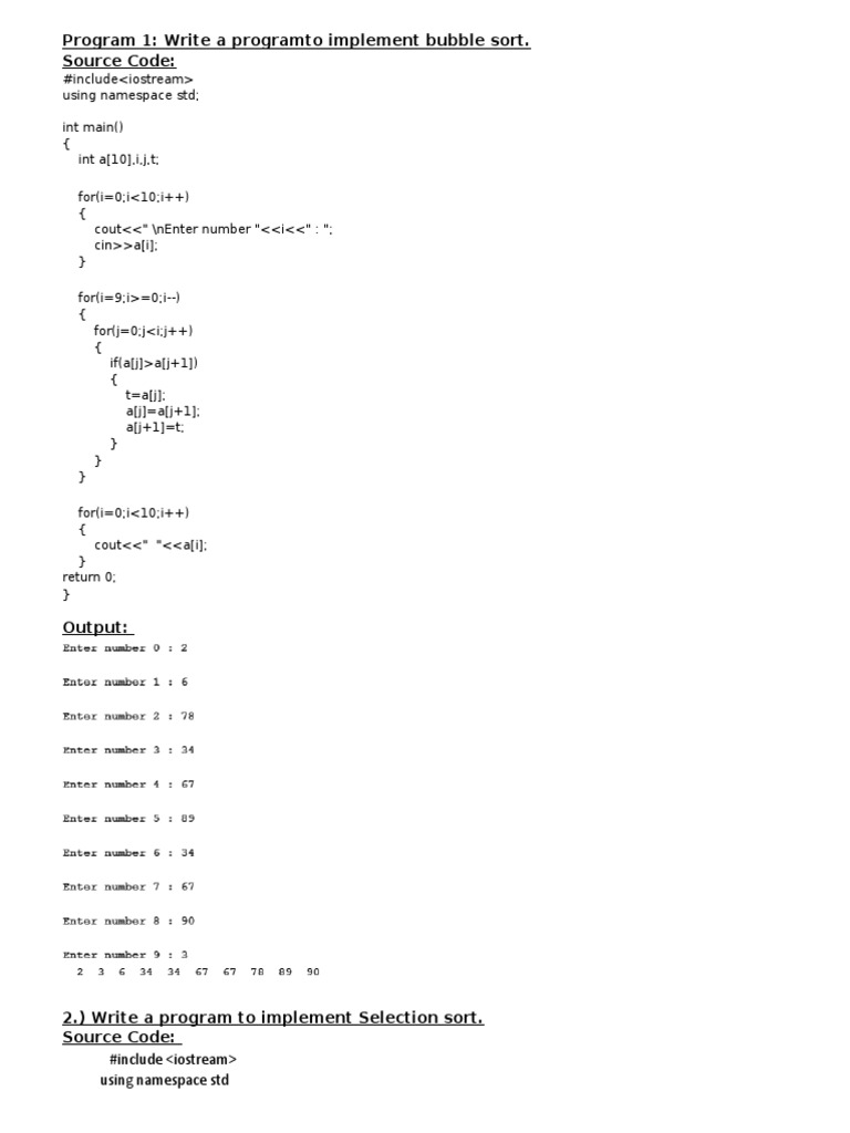 Program 1: Write A Programto Implement Bubble Sort. Source Code | PDF ...