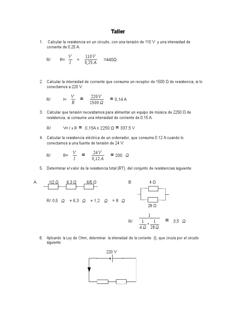 Taller Circuitos Electricos Respuesta | PDF | Resistencia Eléctrica y Conductancia | Corriente ...