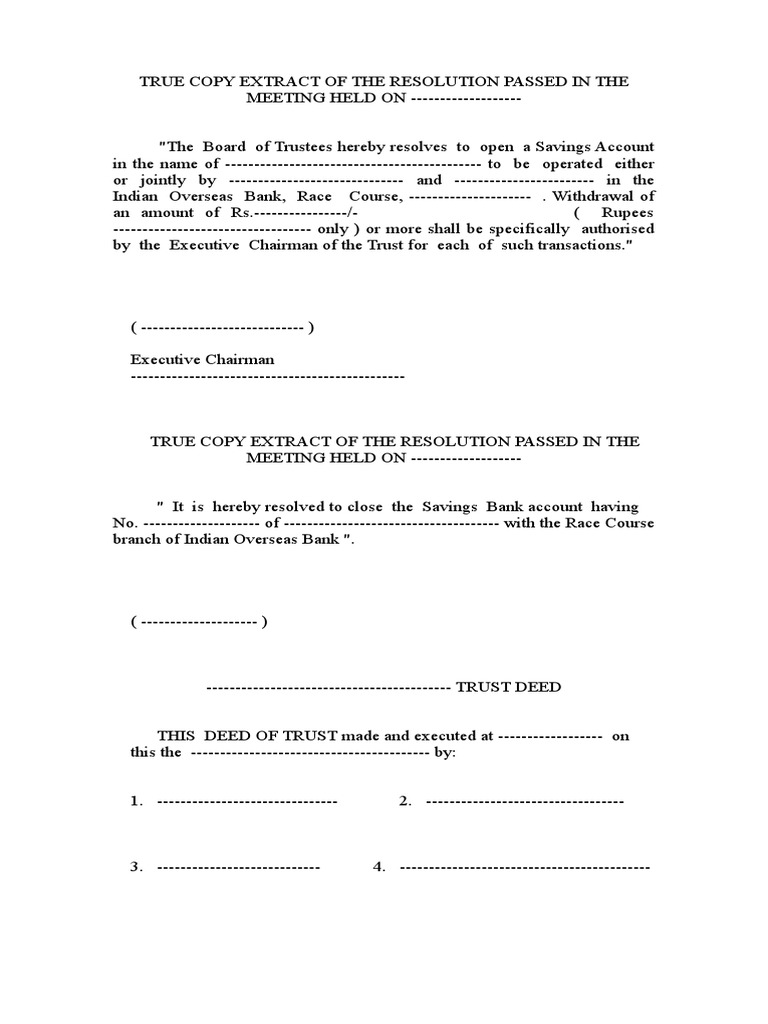 TRUST Deed Model Draft Sample With Extracts of Minutes of Meeting | PDF ...