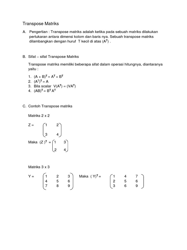 Definisi Dan Contoh Transpose Matriks | PDF