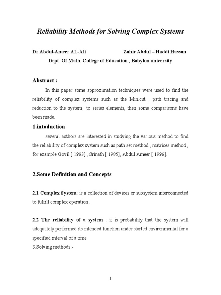 Reliability Methods For Solving Complex Systems: Abstract | PDF ...