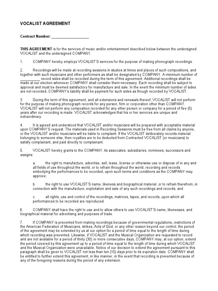 Vocalist Recording Agreement Template | PDF | Breach Of Contract | Damages