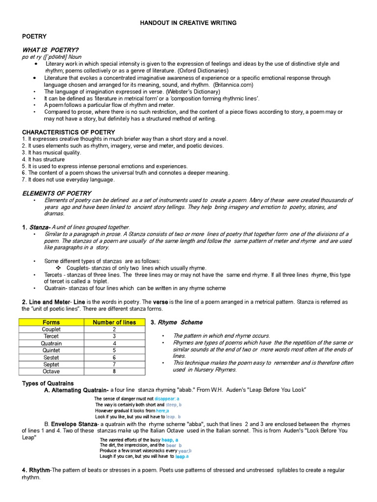 Handout in Creative Writing | PDF | Epic Poetry | Poetry