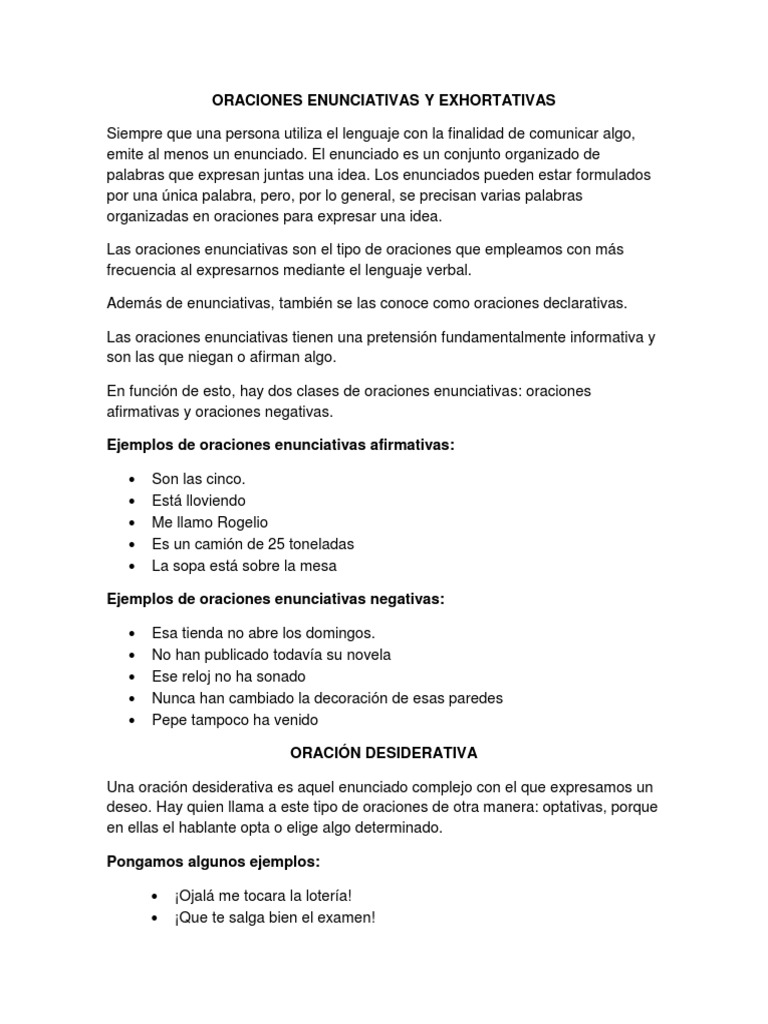 Oraciones Enunciativas y Exhortativas | PDF | Oración (Lingüística ...