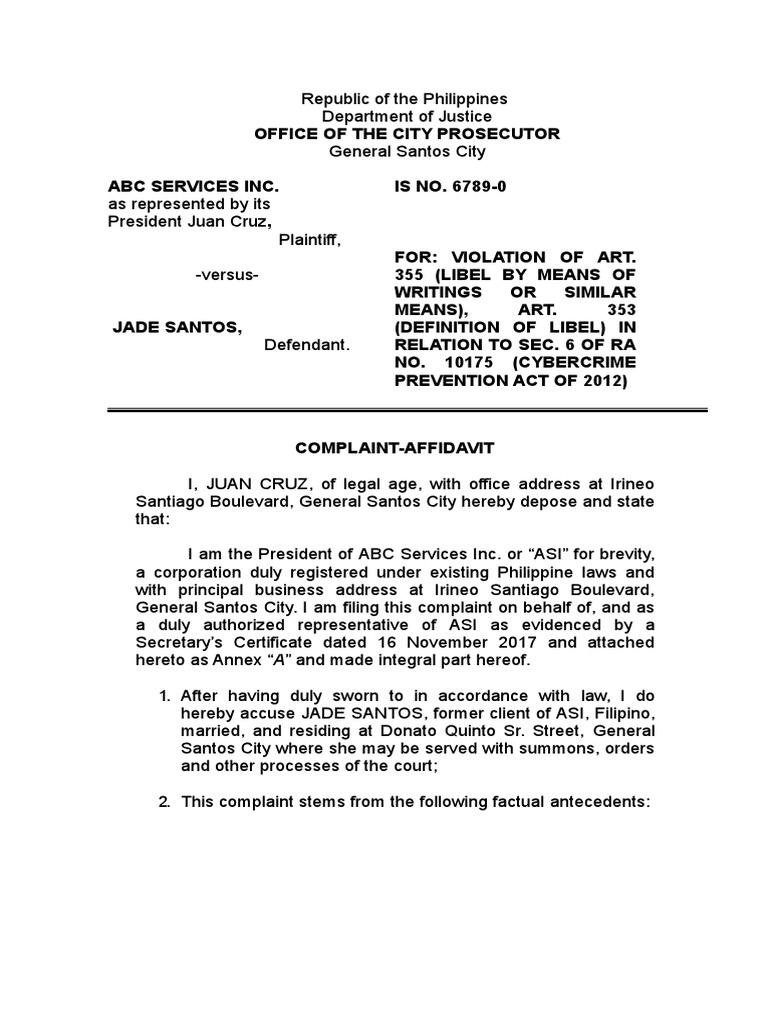 Libel Complaint | PDF | Defamation | Affidavit