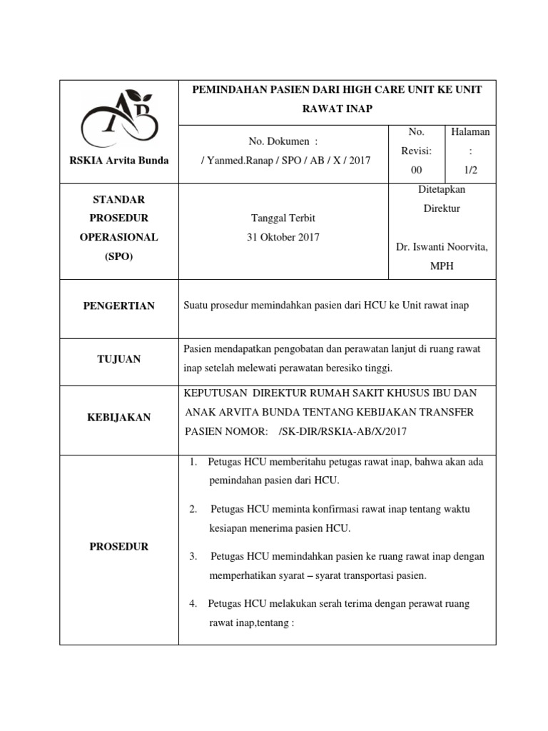 Spo Pemindahan Pasien Dari Hcu Ke Rawat Inap | PDF