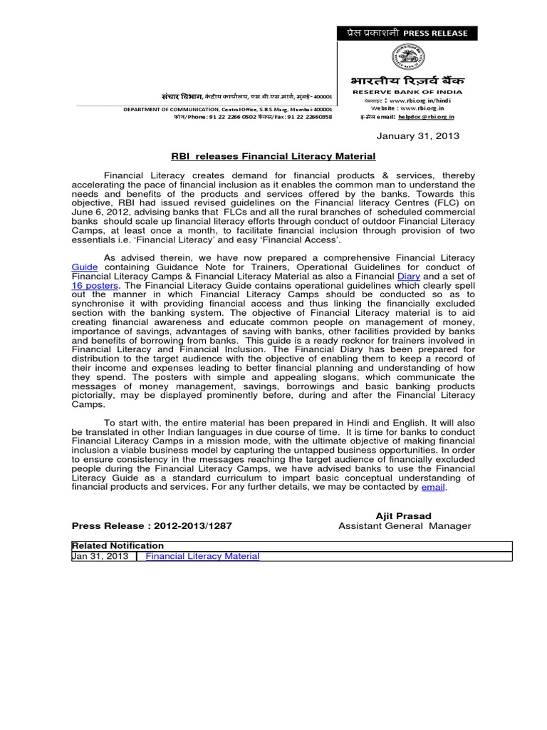 RBI Releases Financial Literacy Material: Guide Diary 16 Posters | PDF ...