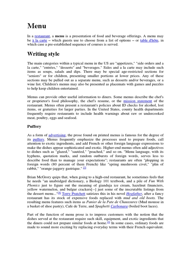Menu en Ingles | PDF | Menu | Gastronomy