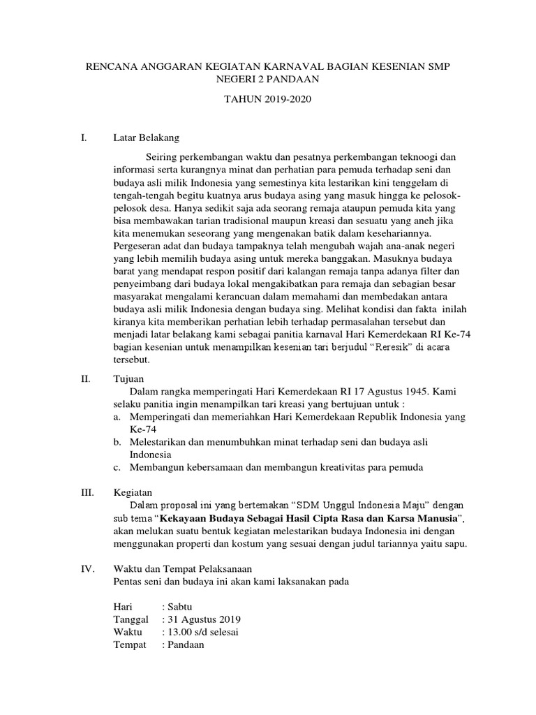 Proposal Kegiatan Karnaval Bagian Kesenian SMP Negeri 2 Pandaan | PDF | Perjalanan | Seni