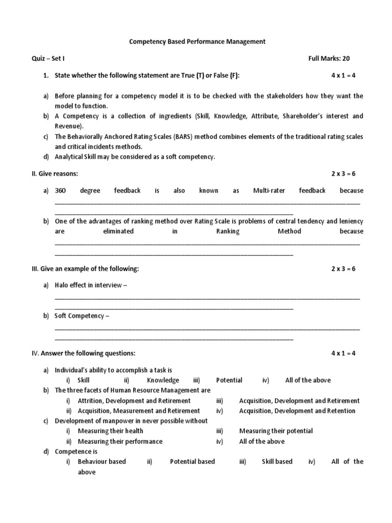 Competency Based Performance Management Quiz - Set I Full Marks: 20 1 ...