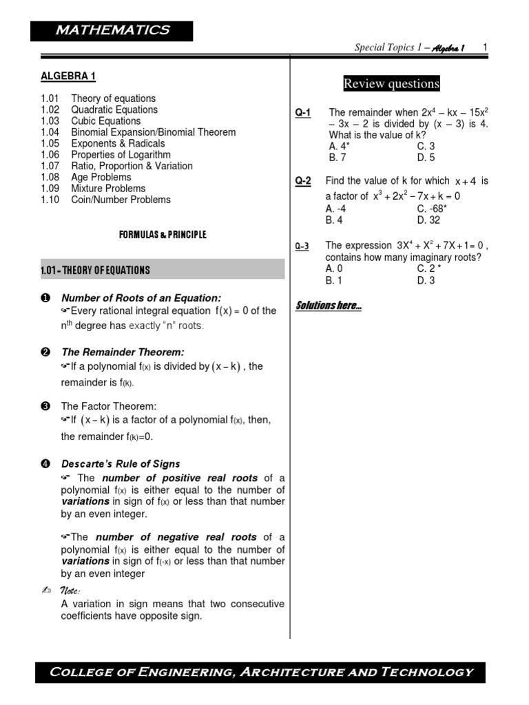 Algebra Reviewer | PDF | Quadratic Equation | Equations