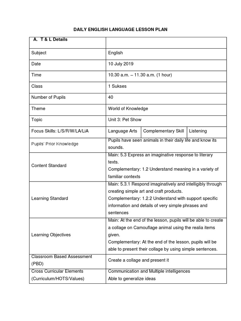 Daily English Language Lesson Plan A. T & L Details | PDF | Curriculum ...
