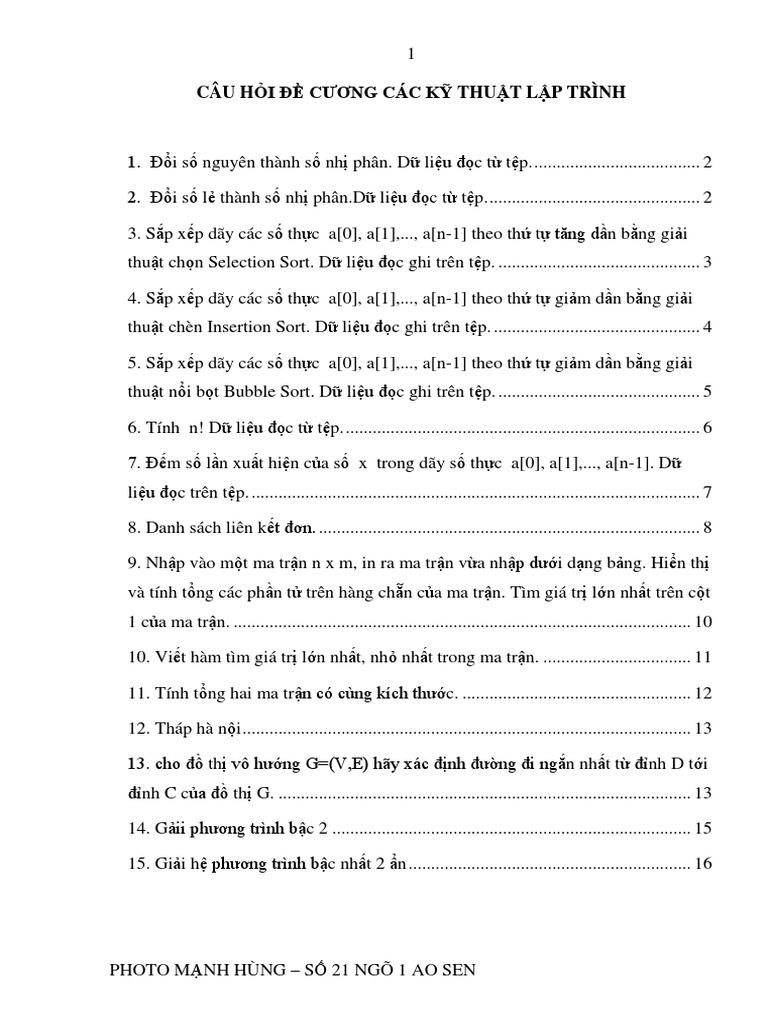 De Cuong Cac Ky Thuat Lap Trinh 2019 PTIT | PDF