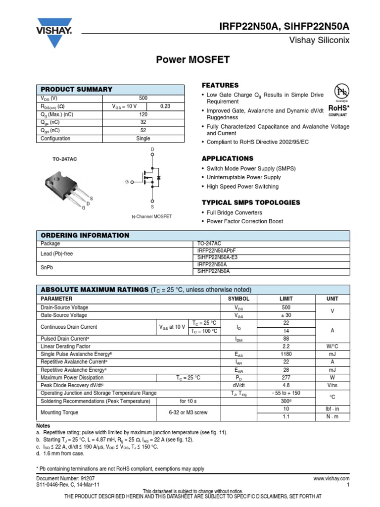 Irfp22N50A, Sihfp22N50A: Vishay Siliconix | PDF | Field Effect ...