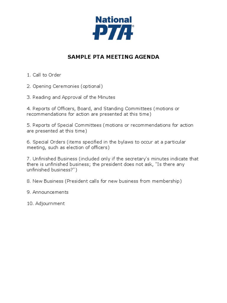 Sample Pta Meeting Agenda | PDF