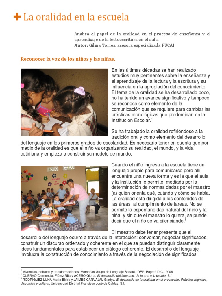 La Oralidad en el Aula Escolar | PDF | Aquisición de idioma | Salón de ...