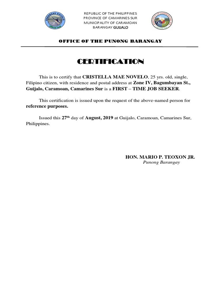 Certification for First-Time Job Seeker | PDF | Philippines