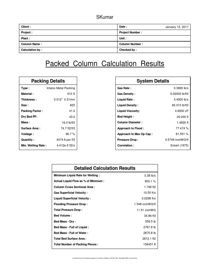 Packed Column Calculation Results: Packing Details System Details | PDF ...
