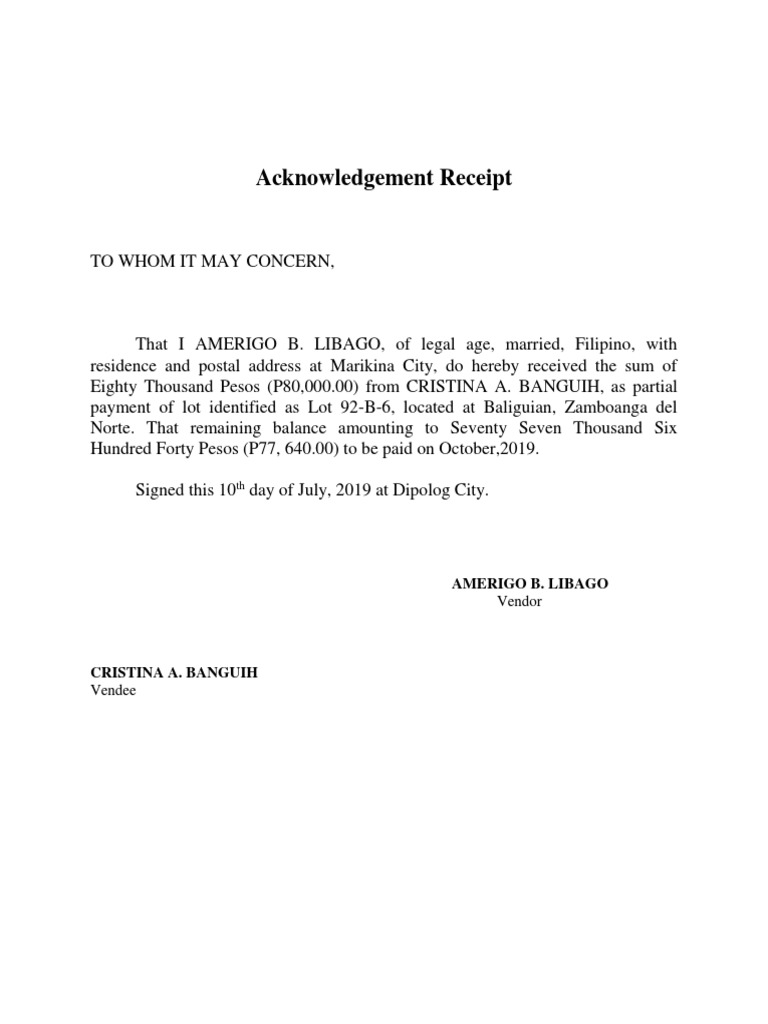 Partial Payment Receipt for Land Transaction in Dipolog City | PDF