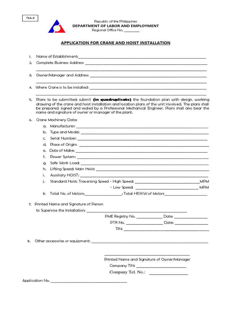Application For Crane and Hoist Installation: Department of Labor and ...