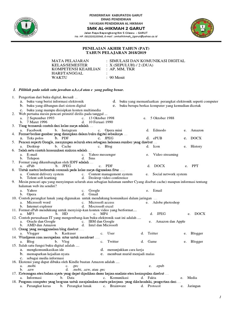 Naskah Soal Pat Simdig 2018-2019 Fix | PDF