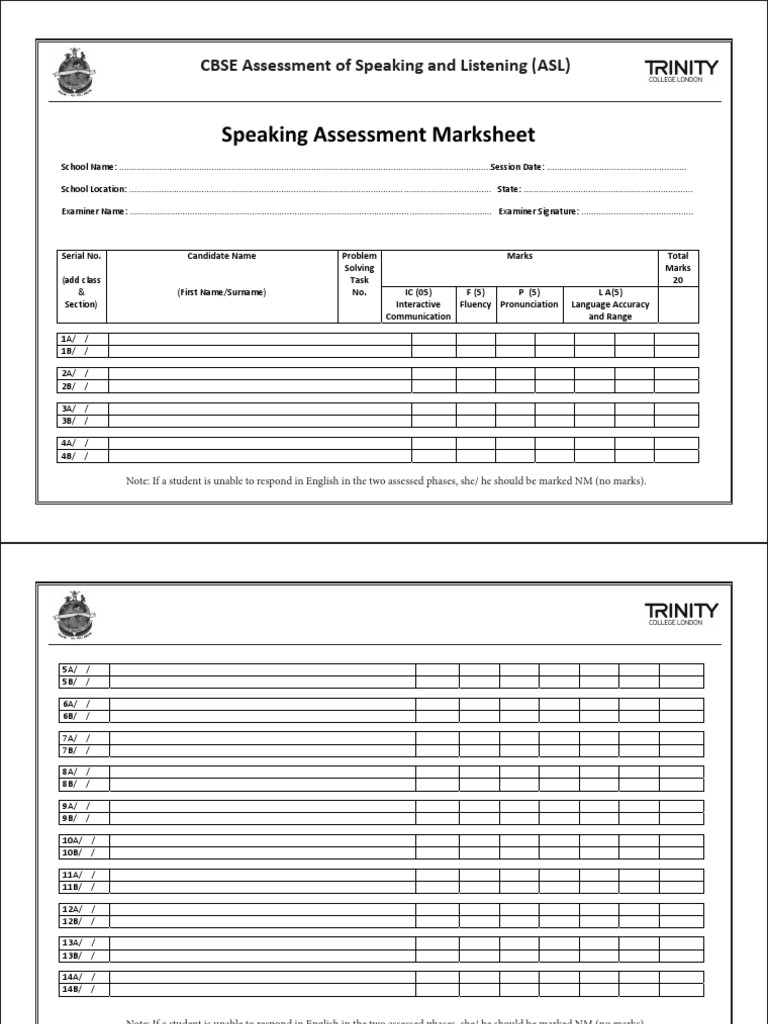 Speaking - Marksheet (ASL Listening and Speaking Sheet Format) | PDF ...