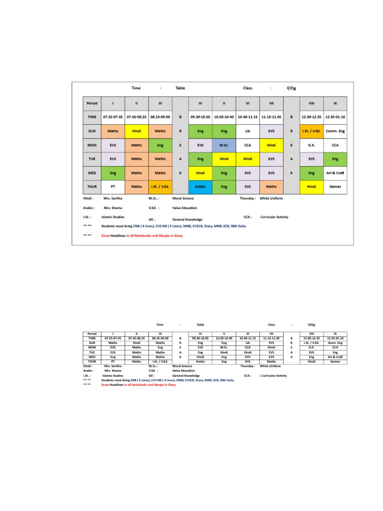 Time - Class: I (O) G: Draw in All Notebooks and Margin in Diary | PDF