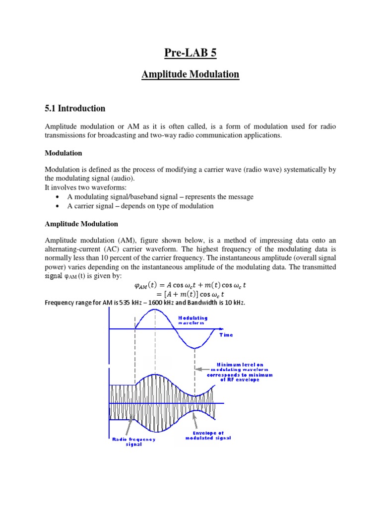 Pre-LAB 5: Amplitude Modulation | PDF | Modulation | Radio