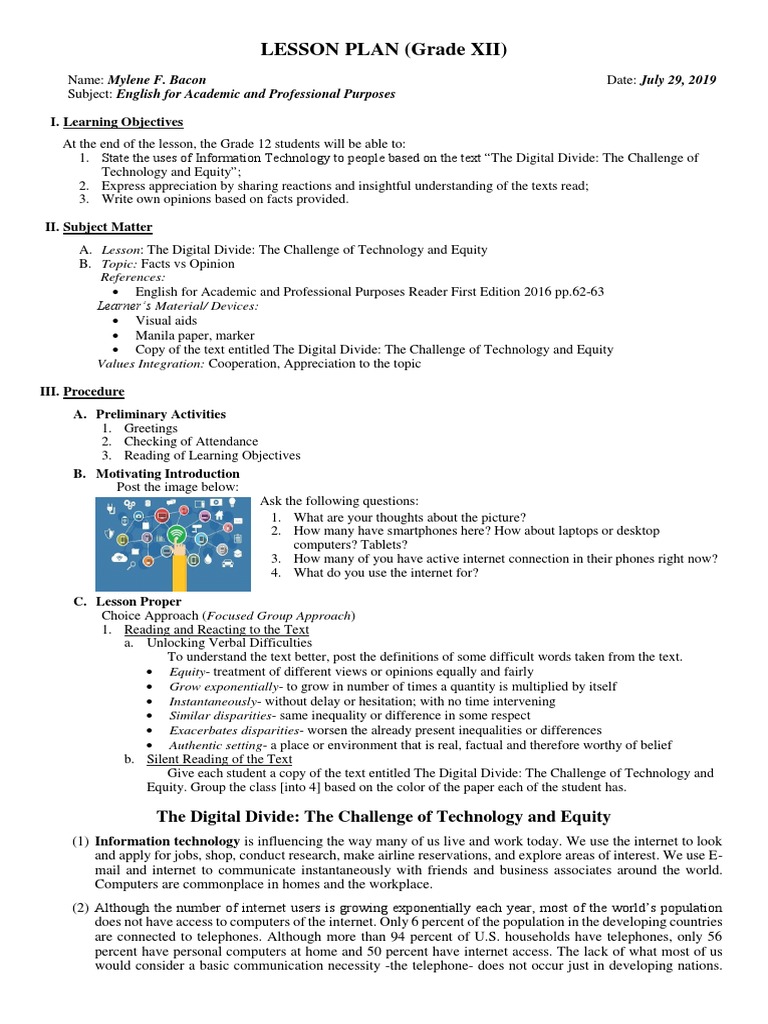 Lesson Plan Grade 12 (English For Academic For Purposes) | PDF | Social ...