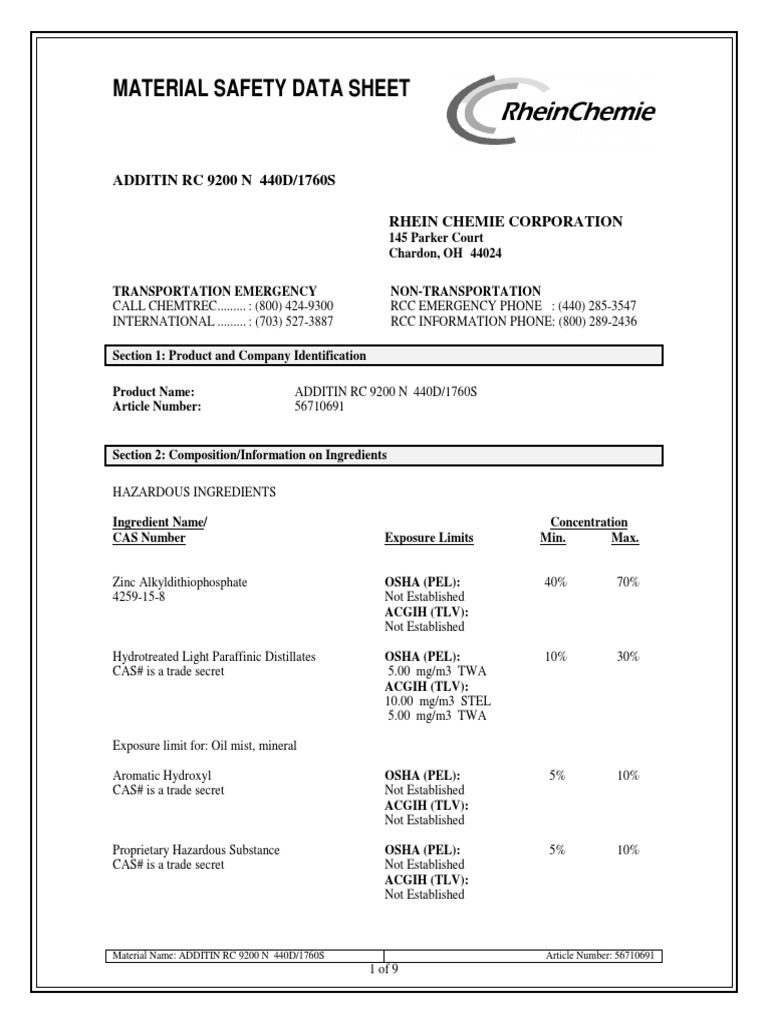 Rhein Chemie Additin RC 9200N MSDS | PDF | Dangerous Goods | Toxicity