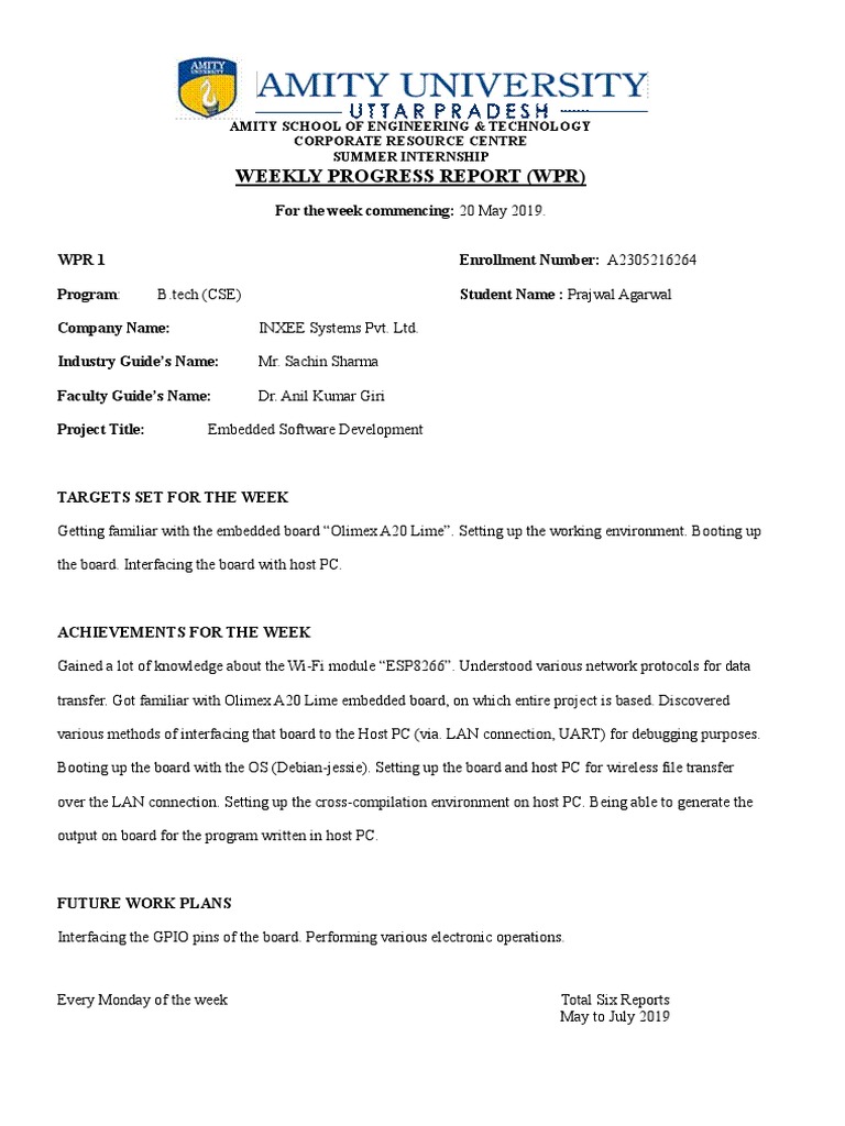 Weekly Progress Report (WPR) : Amity School of Engineering & Technology Corporate Resource ...