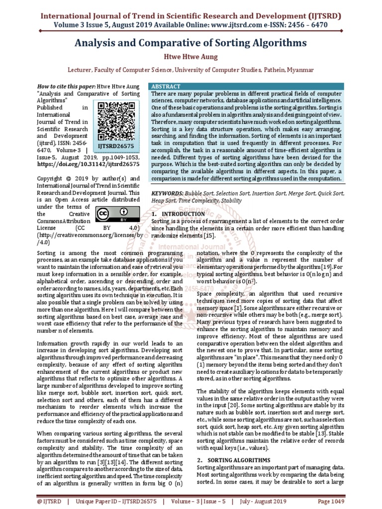 Analysis And Comparative Of Sorting Algorithms Pdf Time Complexity